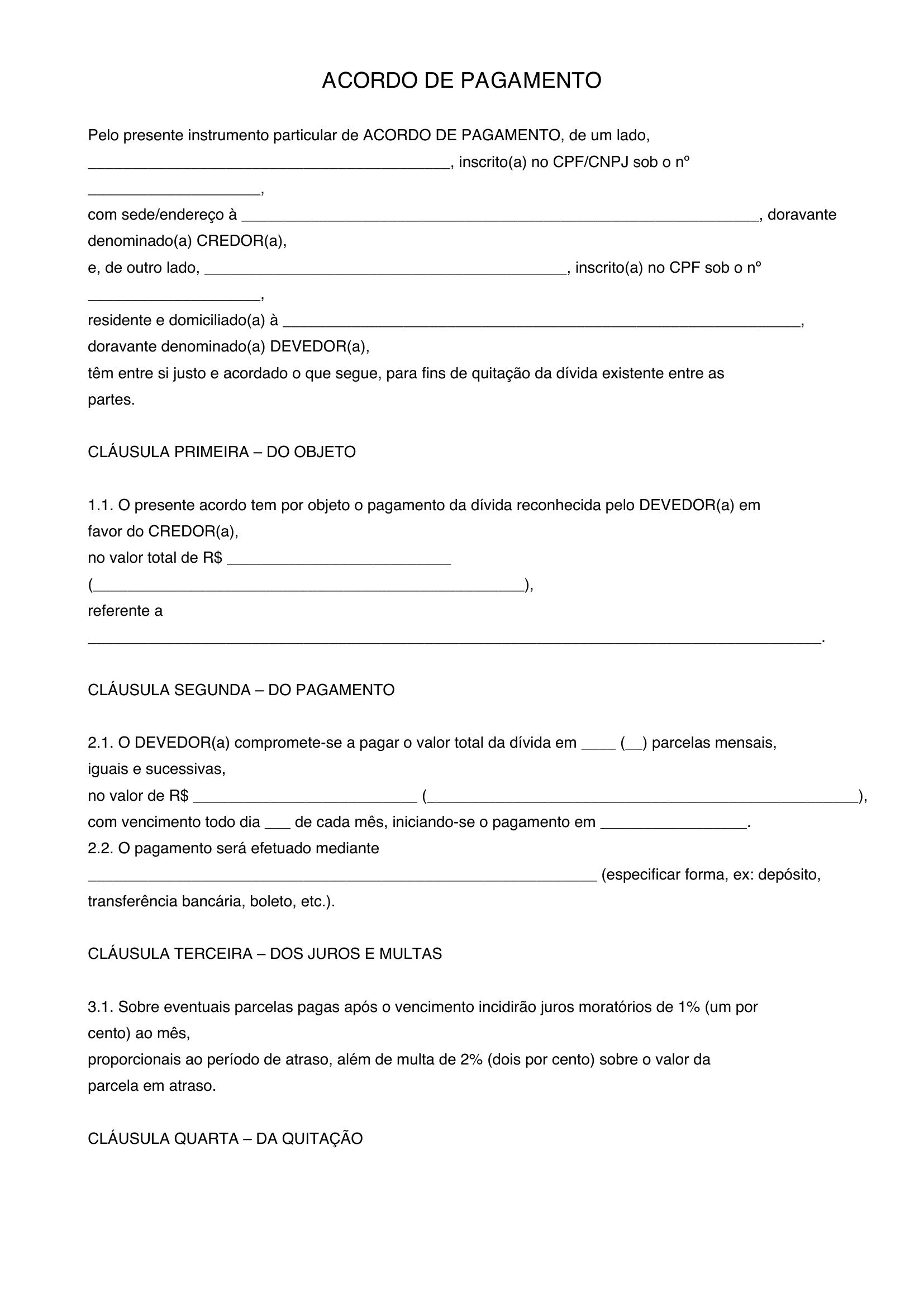 Modelo De Acordo De Pagamento
