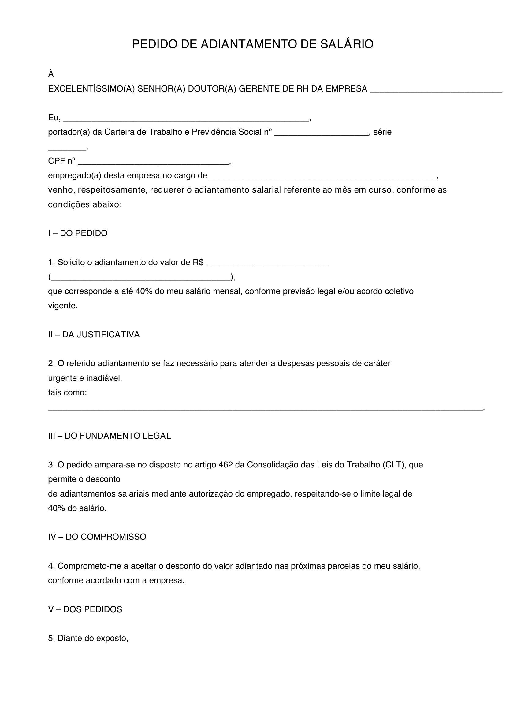 Modelo De Adiantamento De Salario