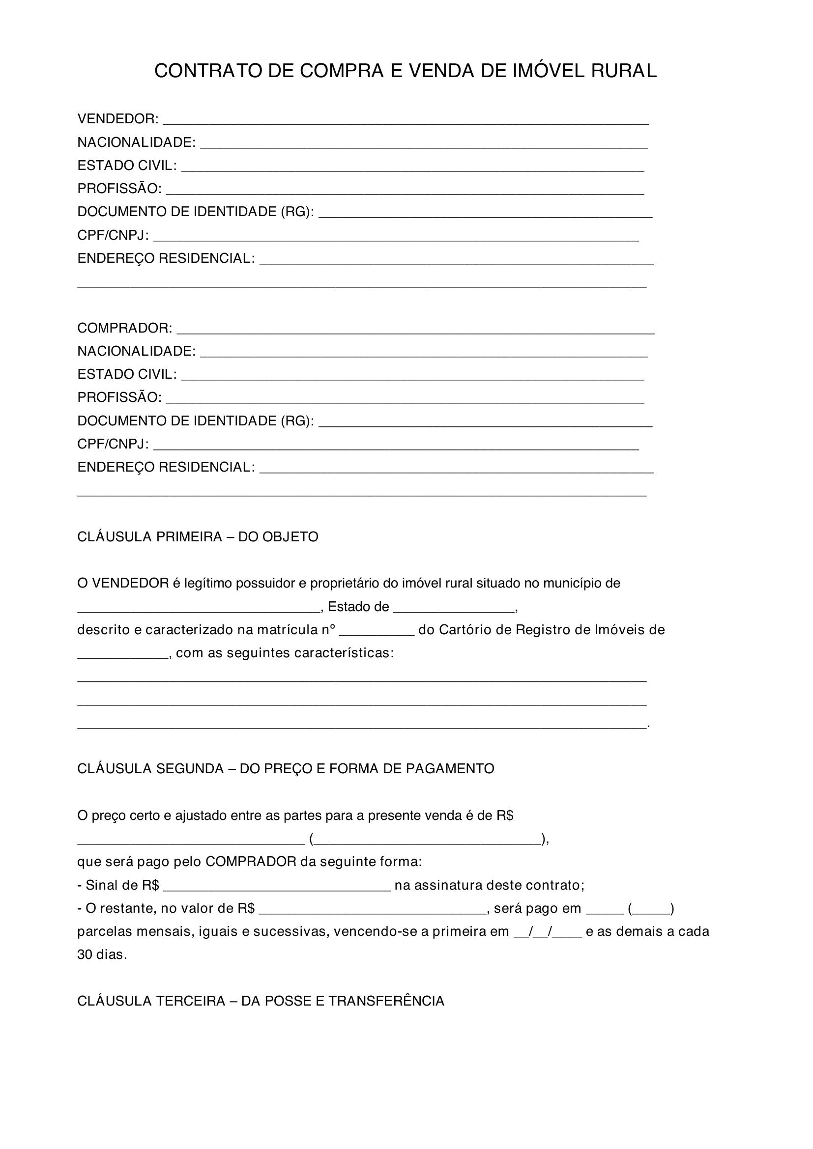 Modelo De Contrato De Compra E Venda De Imovel Rural
