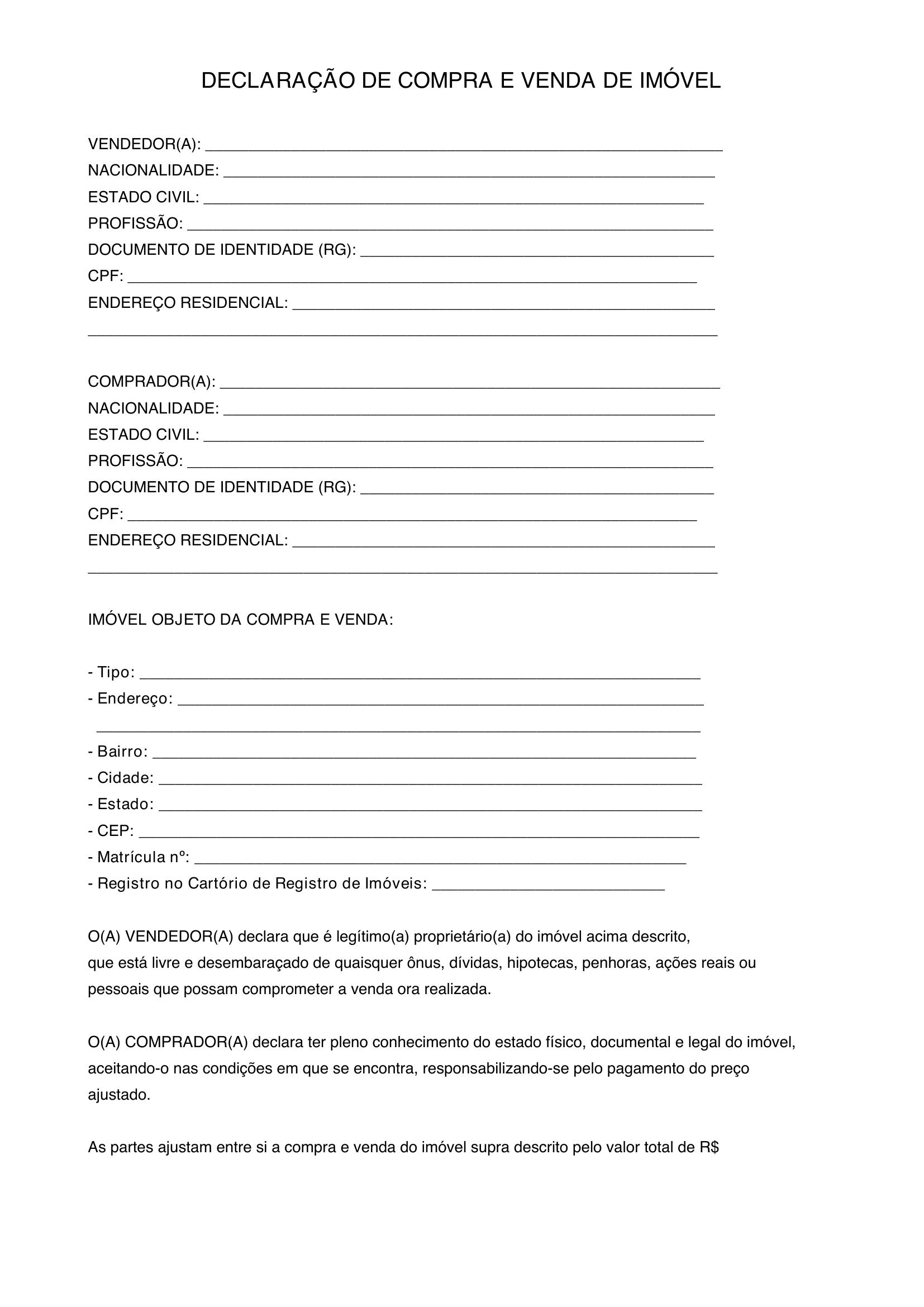 Modelo De Declaração De Compra E Venda De Imovel
