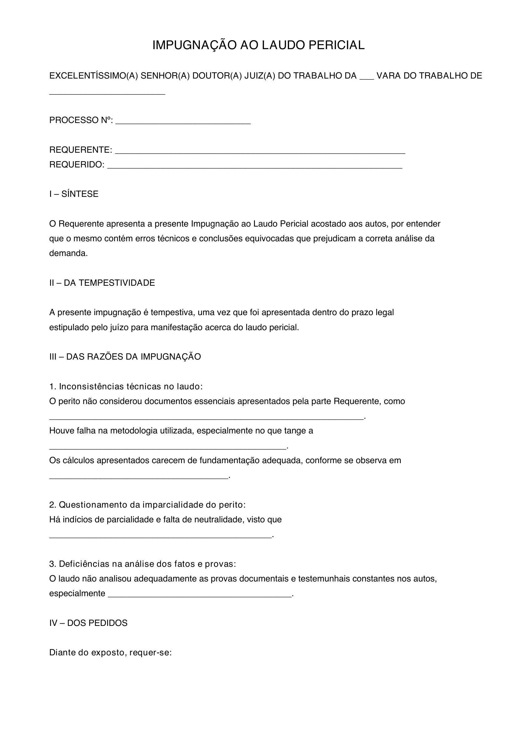 Modelo De Impugnação De Laudo Pericial