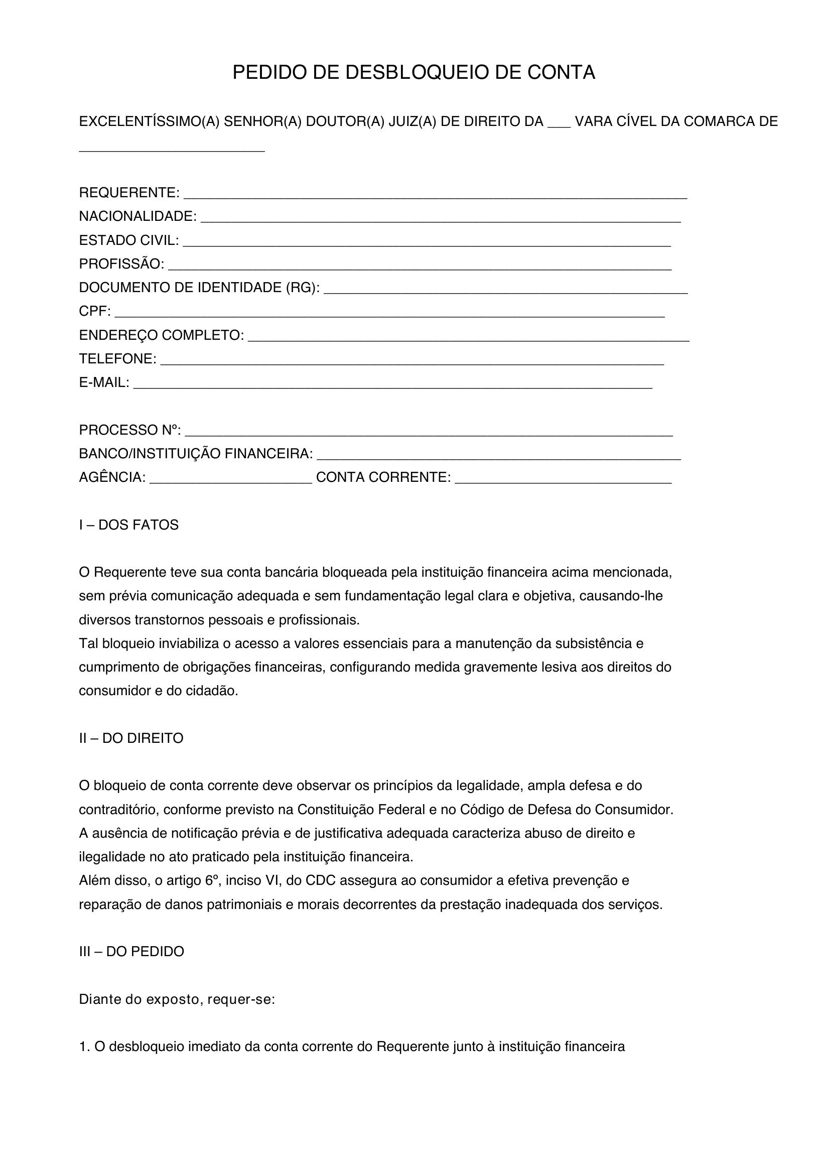 Modelo De Pedido De Desbloqueio De Conta