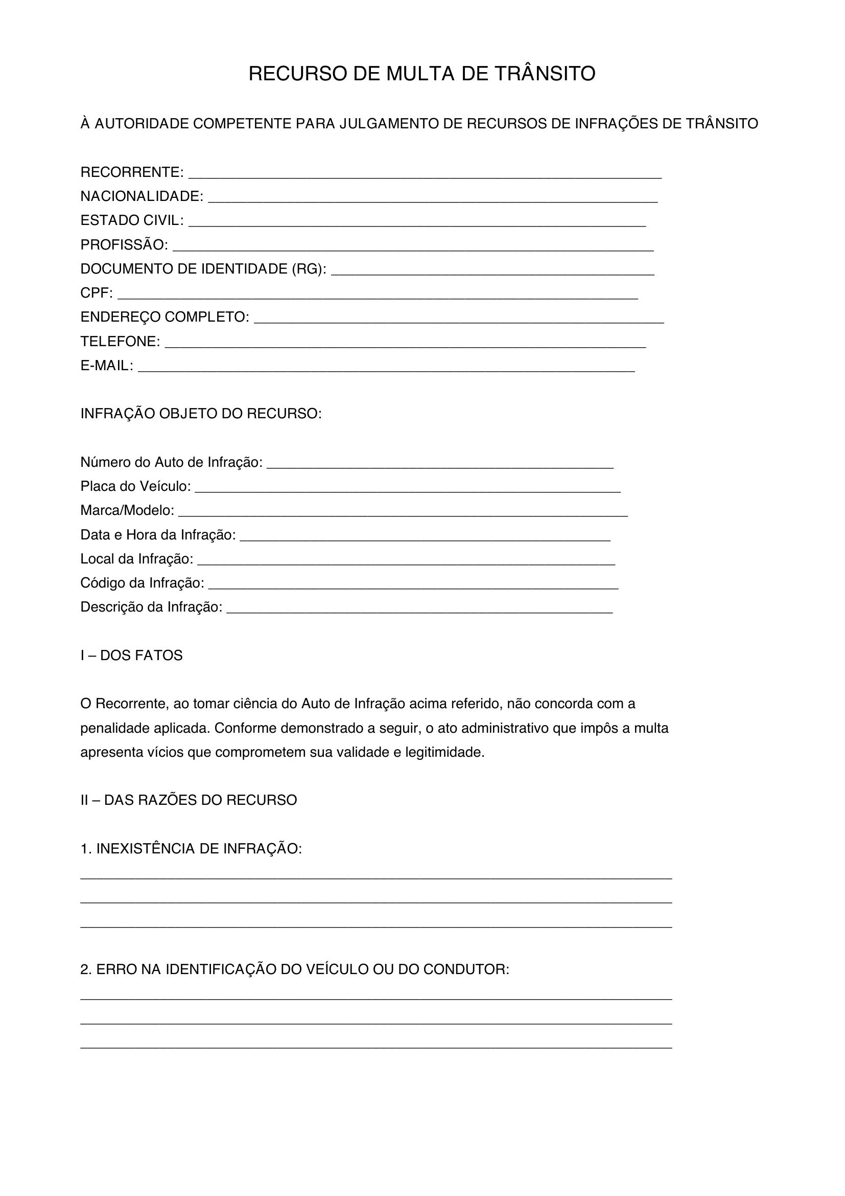 Modelo De Recurso De Multa De Transito